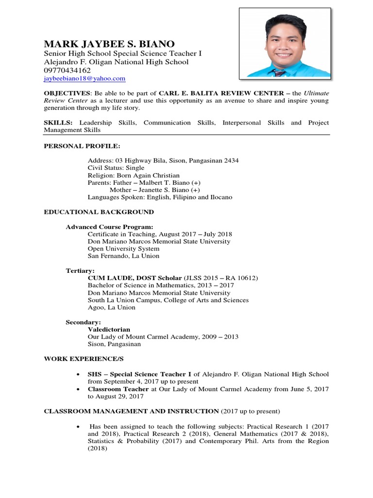 Curriculum Vitae of MARK JAYBEE S. BIANO (SHS Special Science Teacher I ...