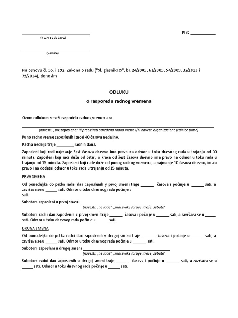 Odluka o Rasporedu Radnog Vremena Po Smenama1 | PDF