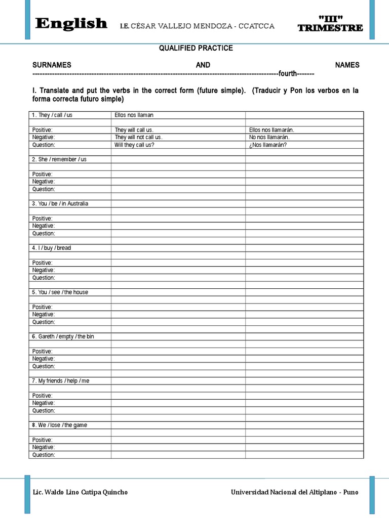 Practica de Futuro Simple en Ingles-Cvm-2018 | PDF | Grammar | Syntax