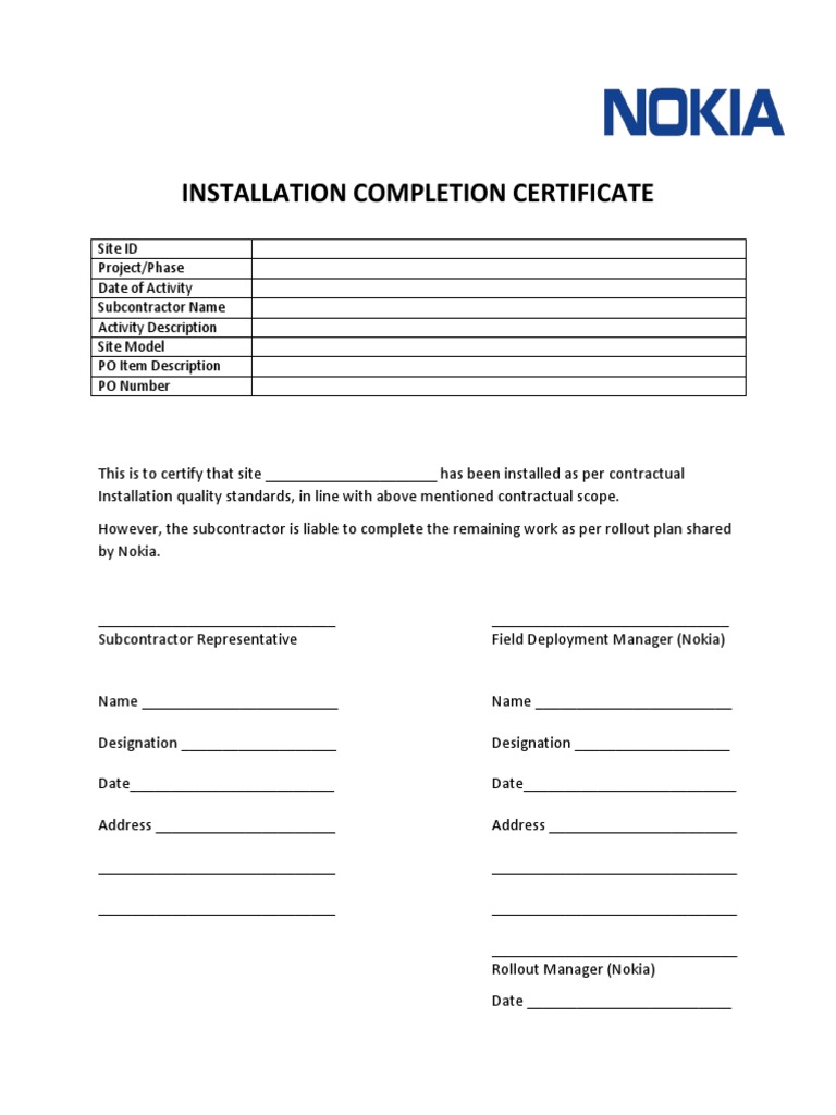 Installation Completion Certificate | PDF