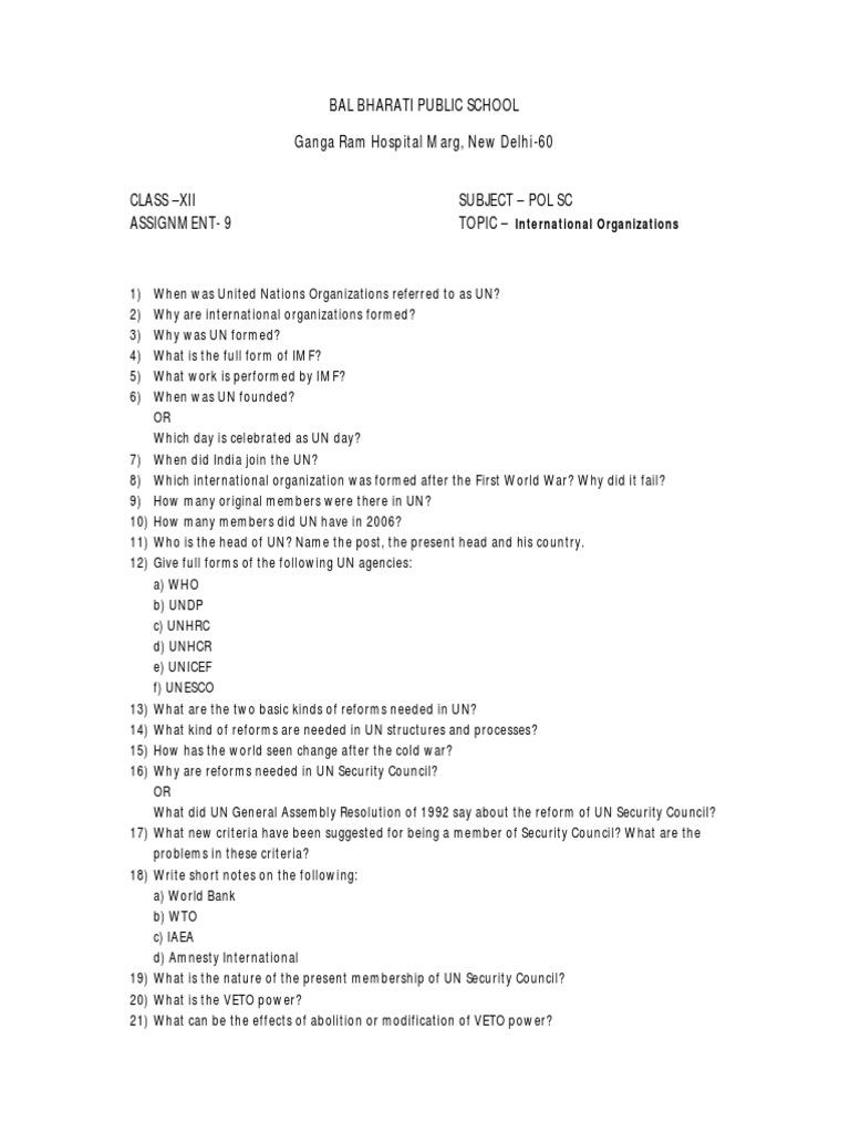 CBSE Class 12 Political Science Worksheet | PDF | United Nations ...