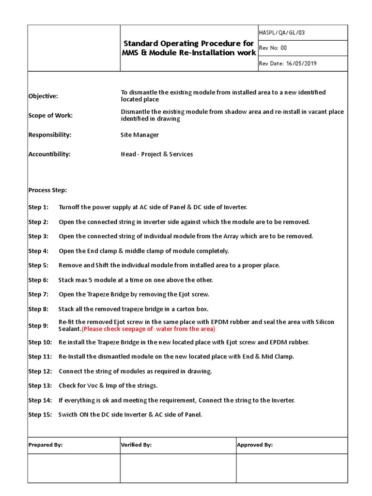 Standard Operating Procedure For MMS & Module Re-Installation Work | PDF