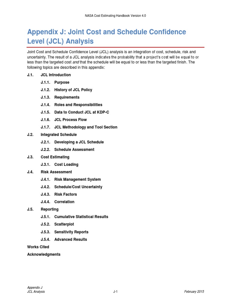 Appendix J: Joint Cost and Schedule Confidence Level (JCL) Analysis ...