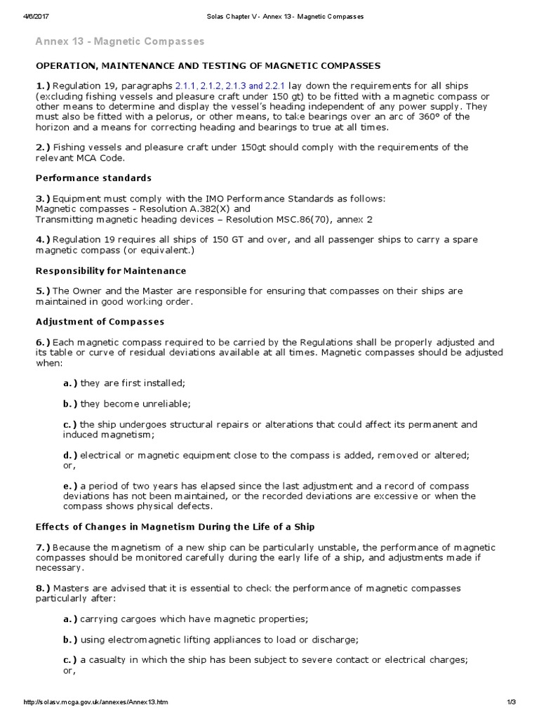 Solas Chapter V - Annex 13 - Magnetic Compasses | Download Free PDF ...