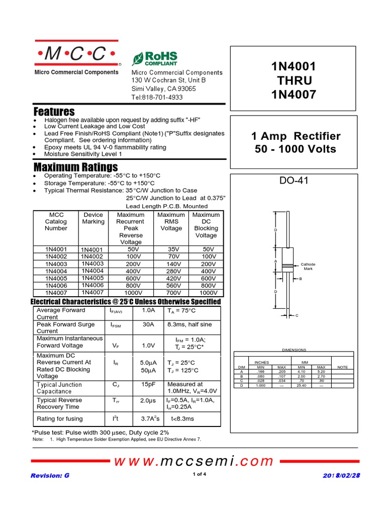 1N4001 through 1N4007 Rectifier Diode Datasheet | PDF | Rectifier | Capacitor