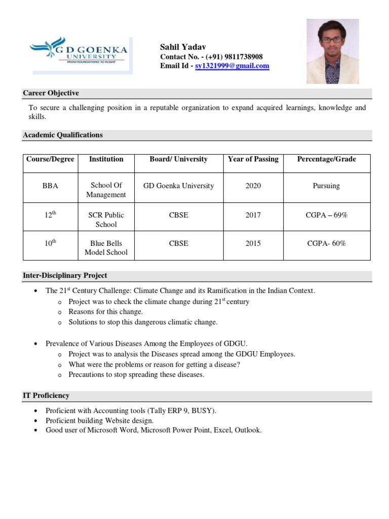 Sahil Yadav Resume PDF | PDF | Behavior Modification | Cognition