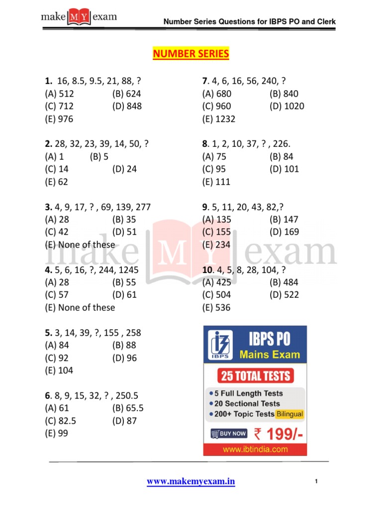 Number Series Questions For IBPS PO and RRB Mains Exam 2017 | PDF