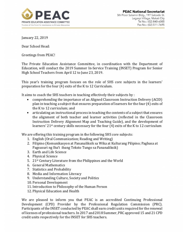 Letter Invite - 2019 Summer INSET - SHS PDF | PDF | Curriculum | Literacy