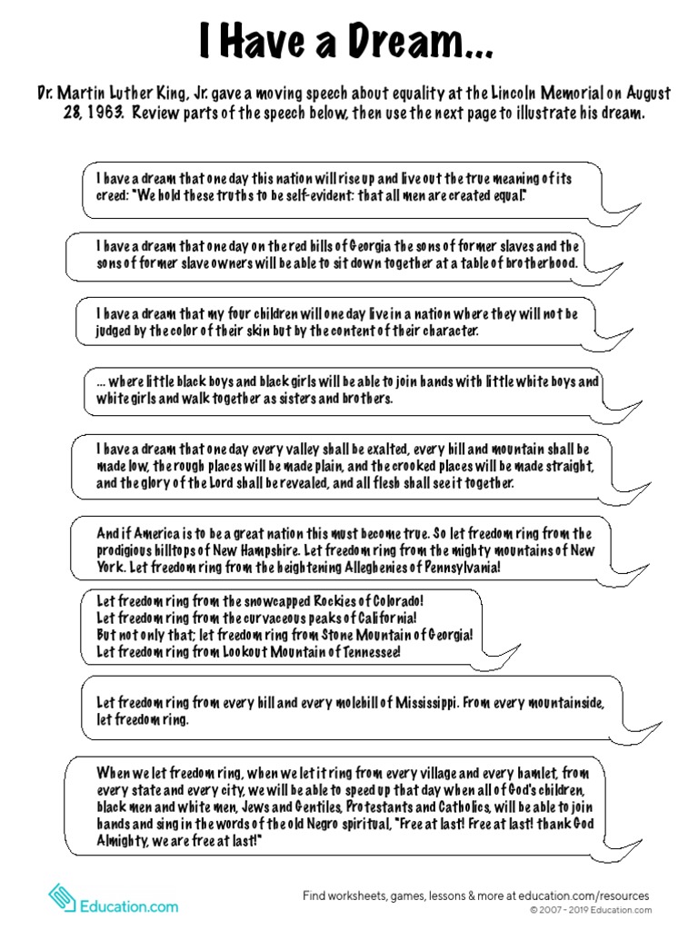 Martin Luther King Jr Worksheets I Have A Dream