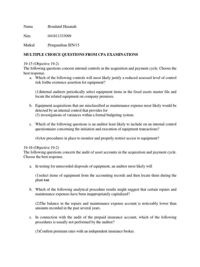 CPA Exam: Multiple Choice Questions | PDF | Internal Control | Service ...