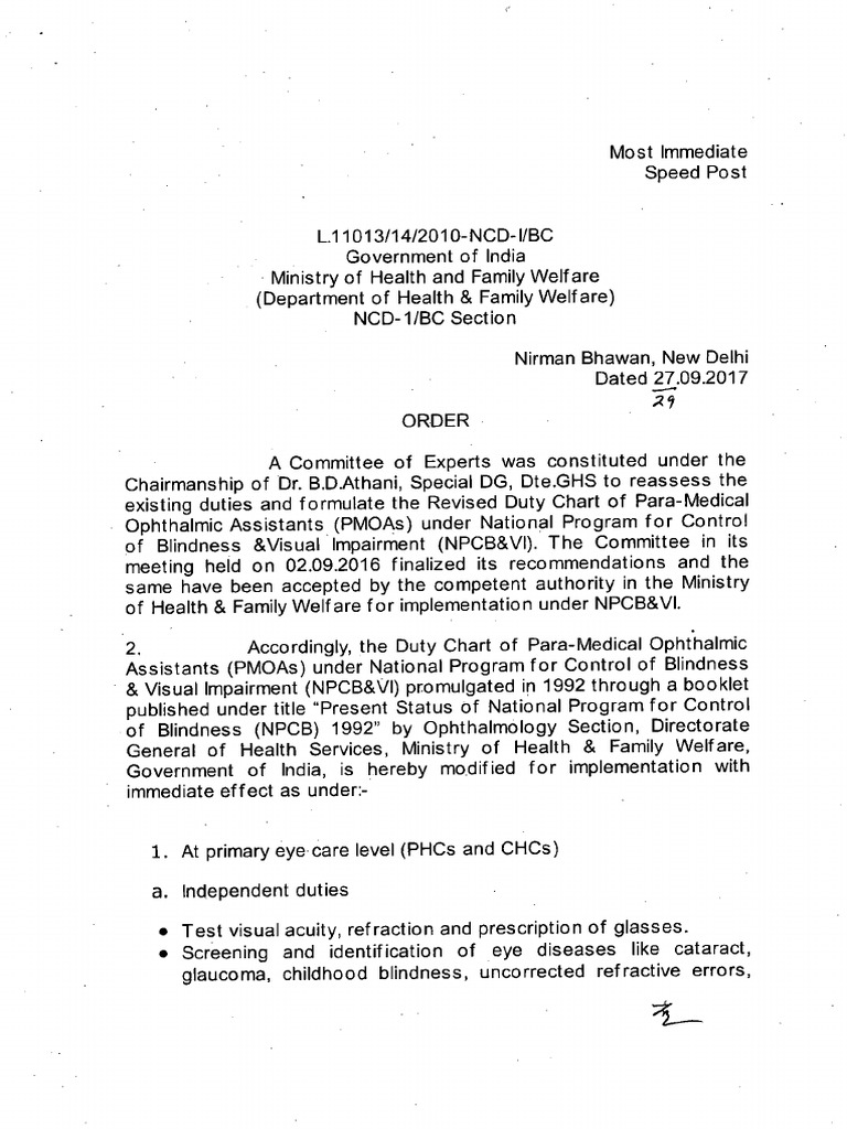 Order of Duties of Ophthalmic Assitants Under NPCB&VI | PDF | Visual ...