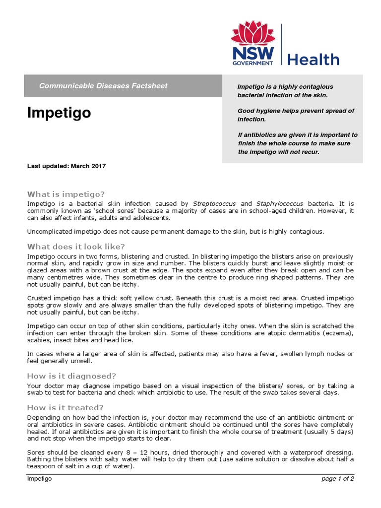 Impetigo: Communicable Diseases Factsheet | PDF | Epidemiology | Immunology