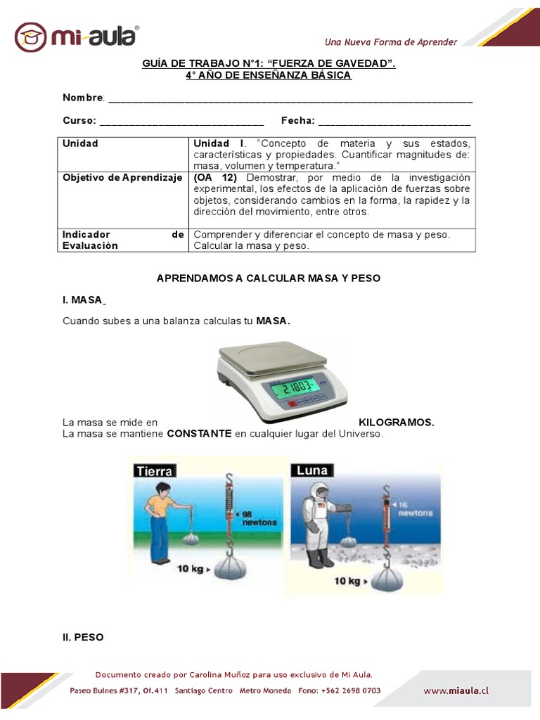 Guia 1 Fuerza de Gravedad | PDF | Peso | Masa