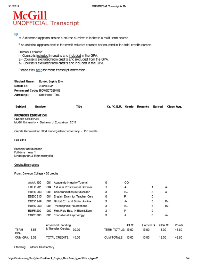 Mcgill Transcript | PDF | Behavior Modification | Academia