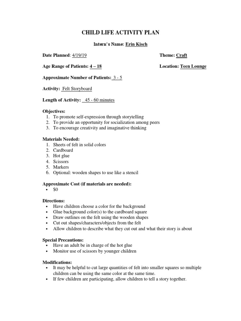 Child Life Activity Plan For Weebly | PDF