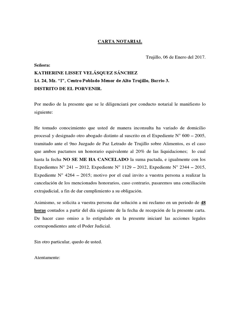 Carta Notarial - Pago Honorarios Profesionales | PDF