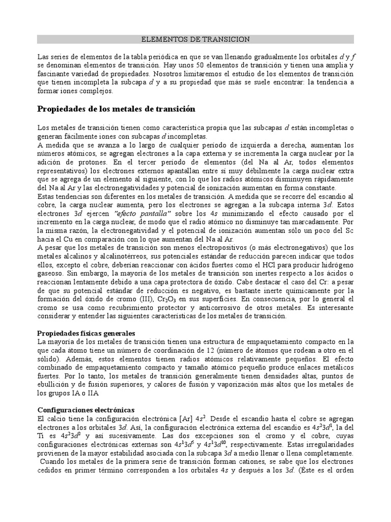 Elementos de Transicion | PDF | Complejo de Coordinación | Metales de transición