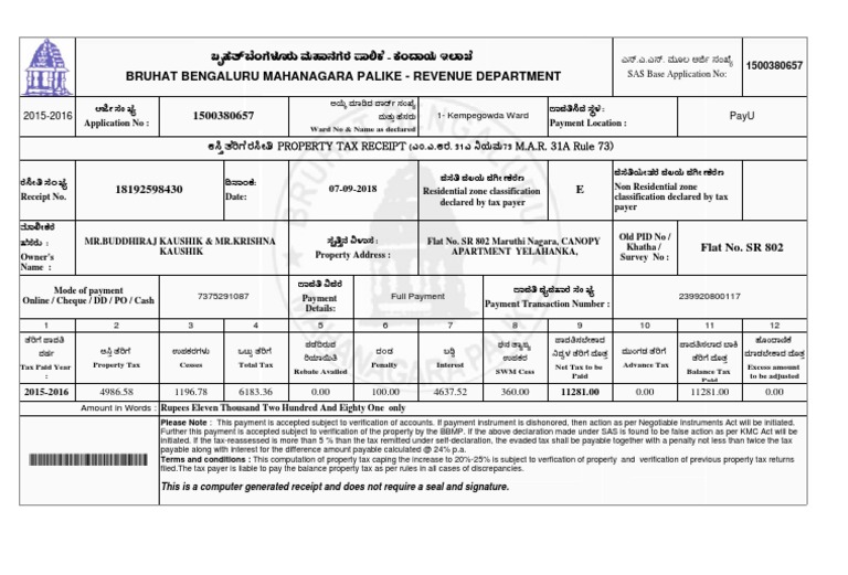 BBMP Receipt - 182598430 - 07 - 09 - 2018 PDF | PDF | Payments | Receipt