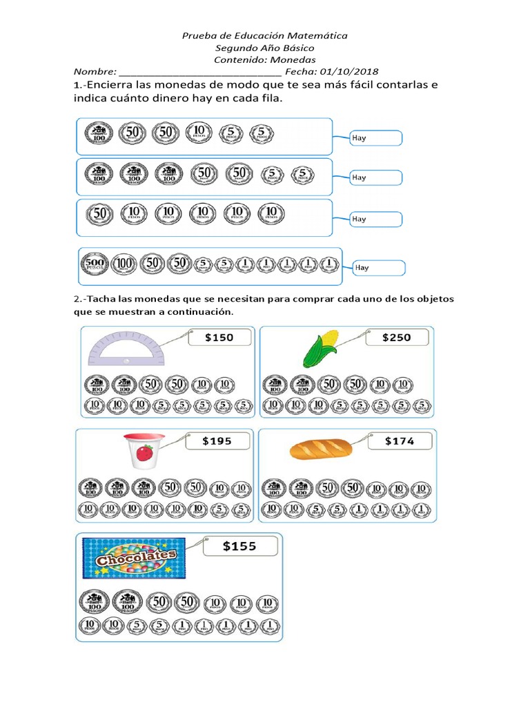 Prueba de Monedas para Segundo Básico | PDF | Juegos y actividades ...