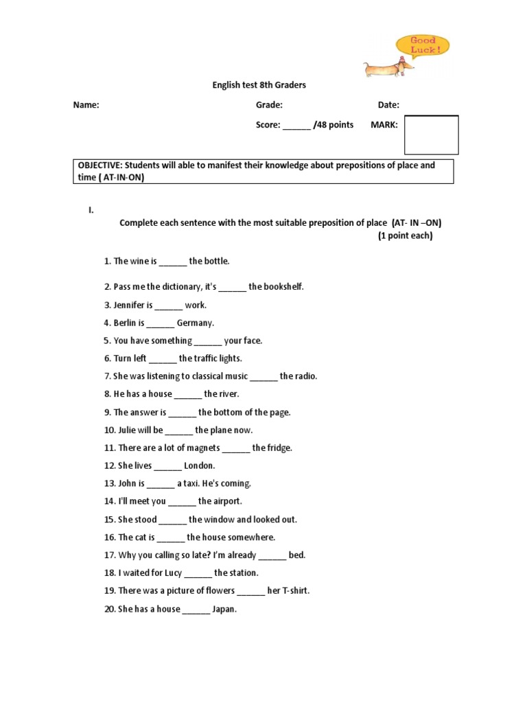 English Test Prepositions | PDF