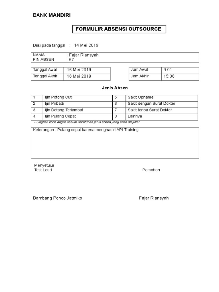 Form Absensi Outsource 20190516 Koreksi Absen Fajar2 | PDF