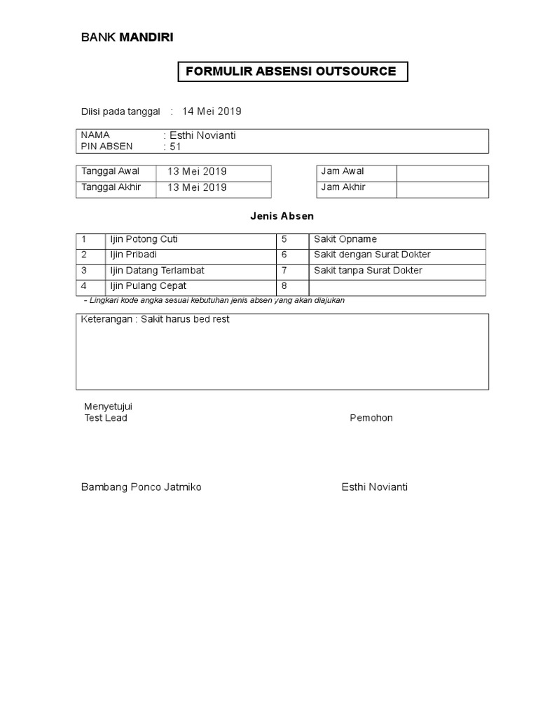 Form Absensi Outsource 20190514 Ijin Sakit | PDF