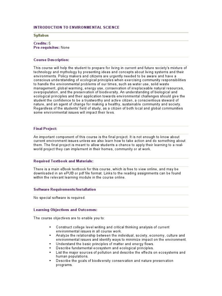 Introduction to Environmental Science Syllabus | PDF | Sustainability ...