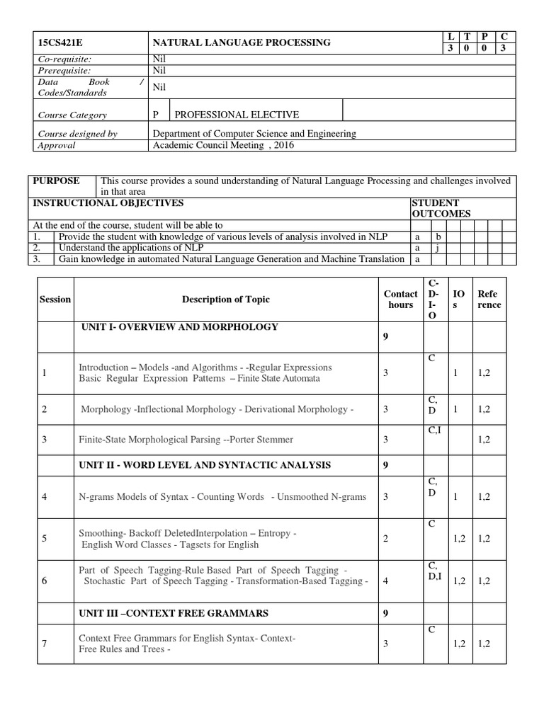 15CS421E - Natural Language Processing | PDF | Parsing | Semantics