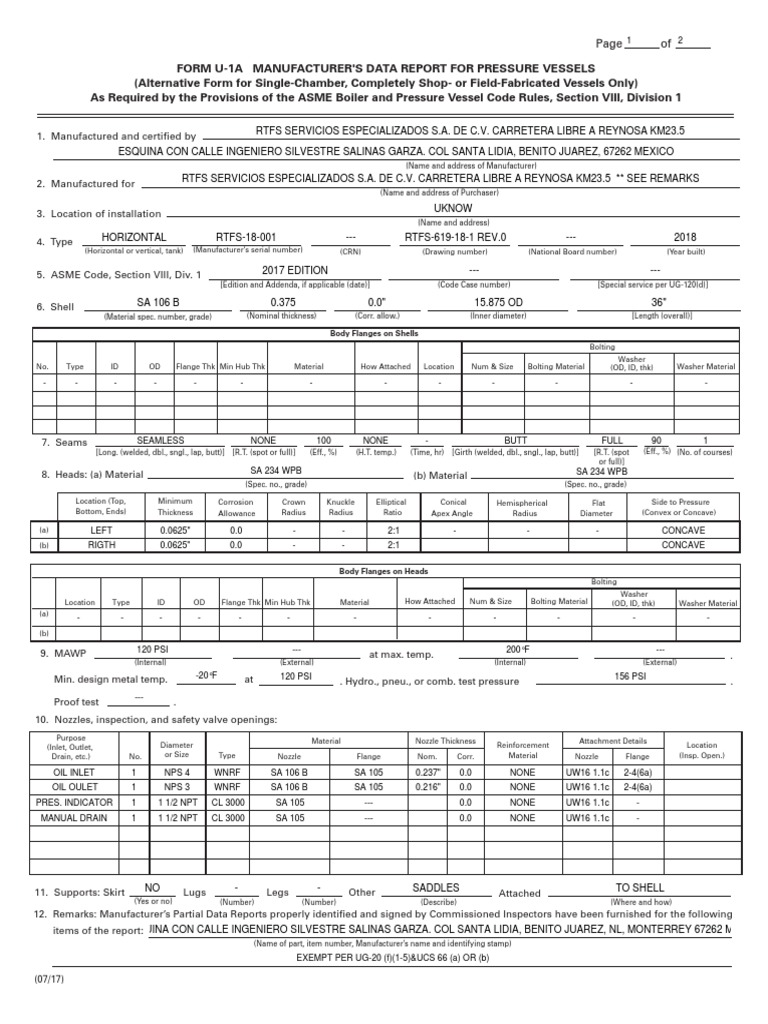 MDR Rtfs-18-001 Form U1 A | PDF | Hydraulics | Gas Technologies