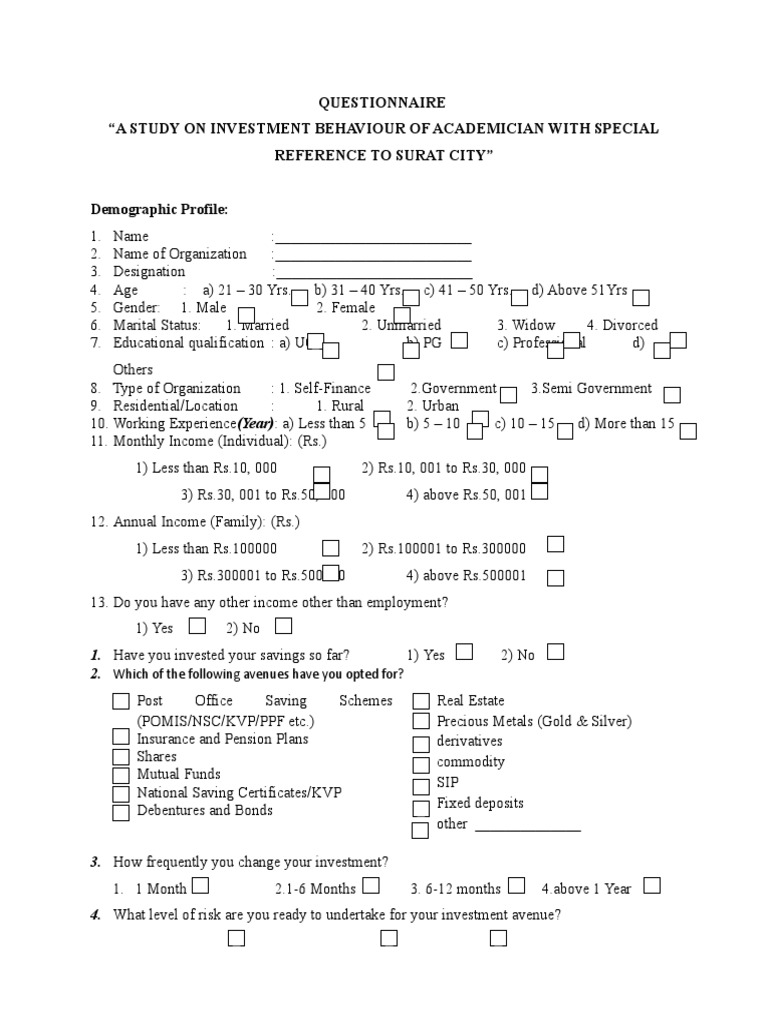 Questionnaire "A Study On Investment Behaviour of Academician With ...