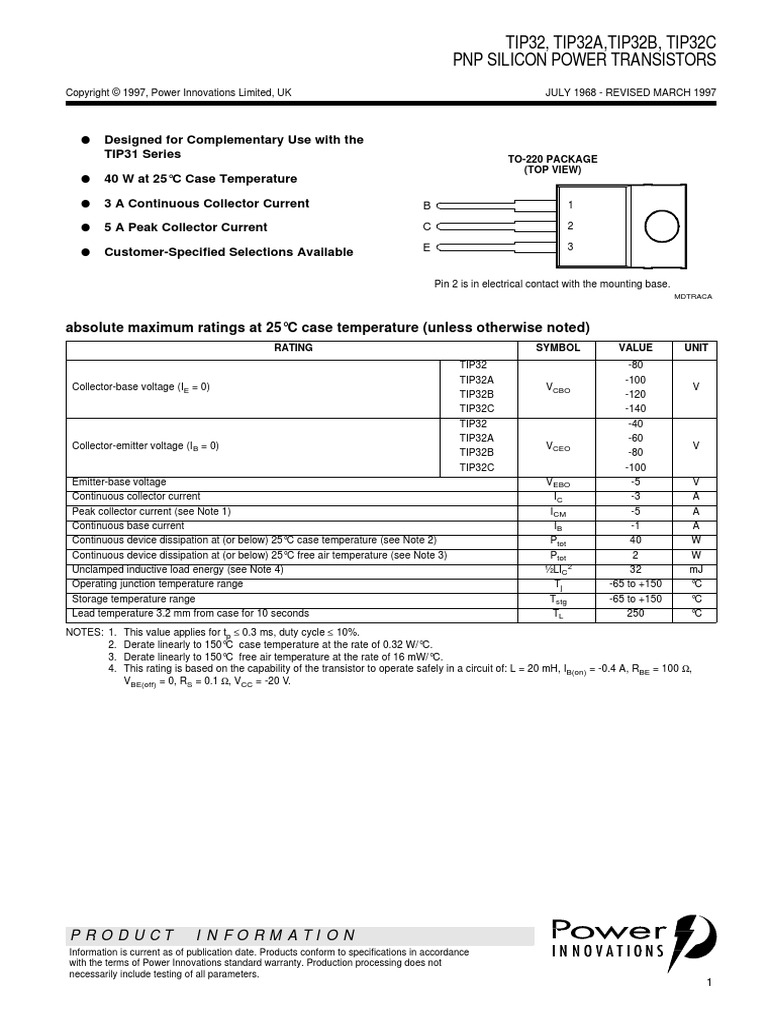 TIP32, TIP32A, TIP32B, TIP32C PNP Silicon Power Transistors | PDF ...