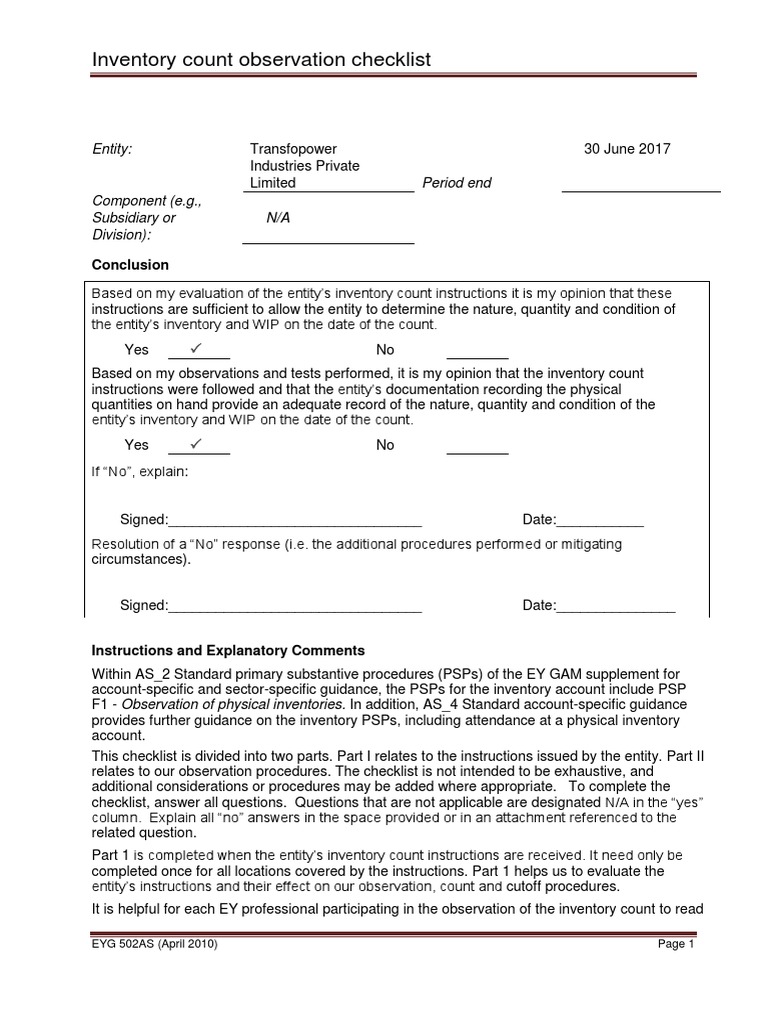 Inventory Count Observation Checklist: Entity: Period End Component (E ...