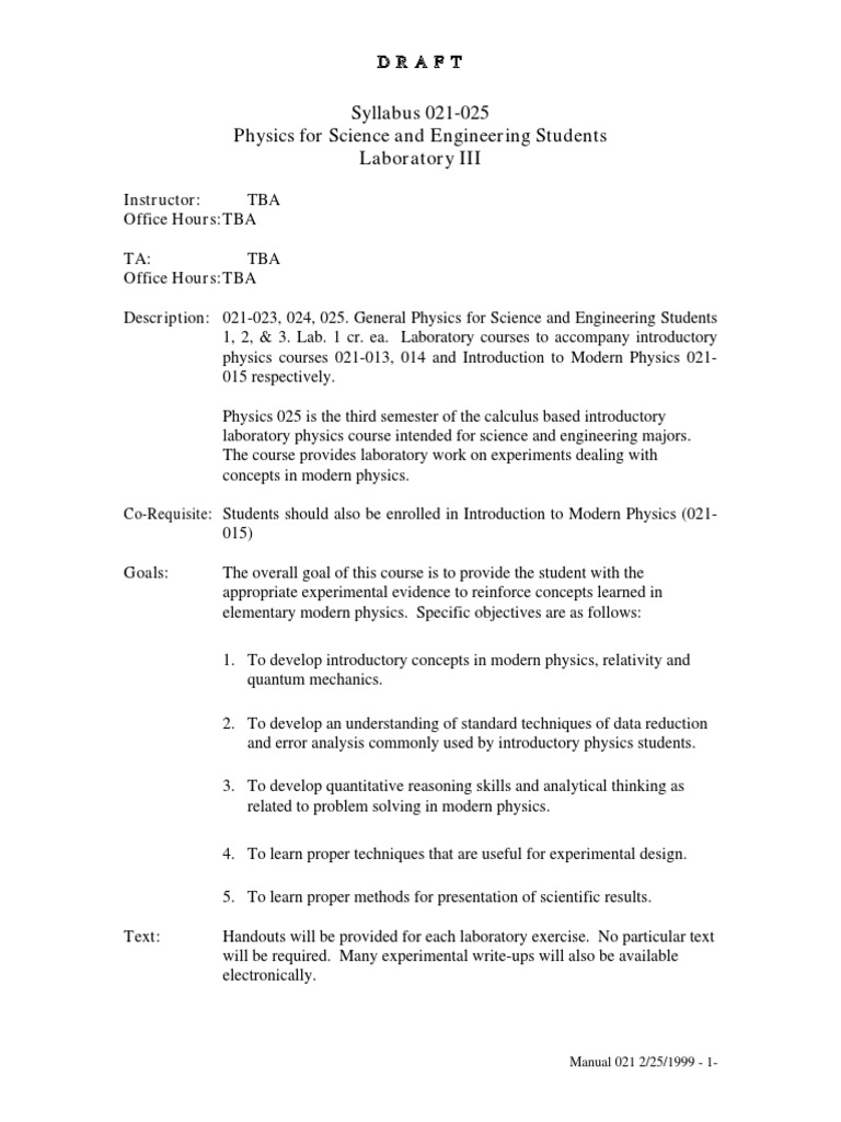 Syllabus 021-025 Physics For Science and Engineering Students Laboratory III | PDF ...