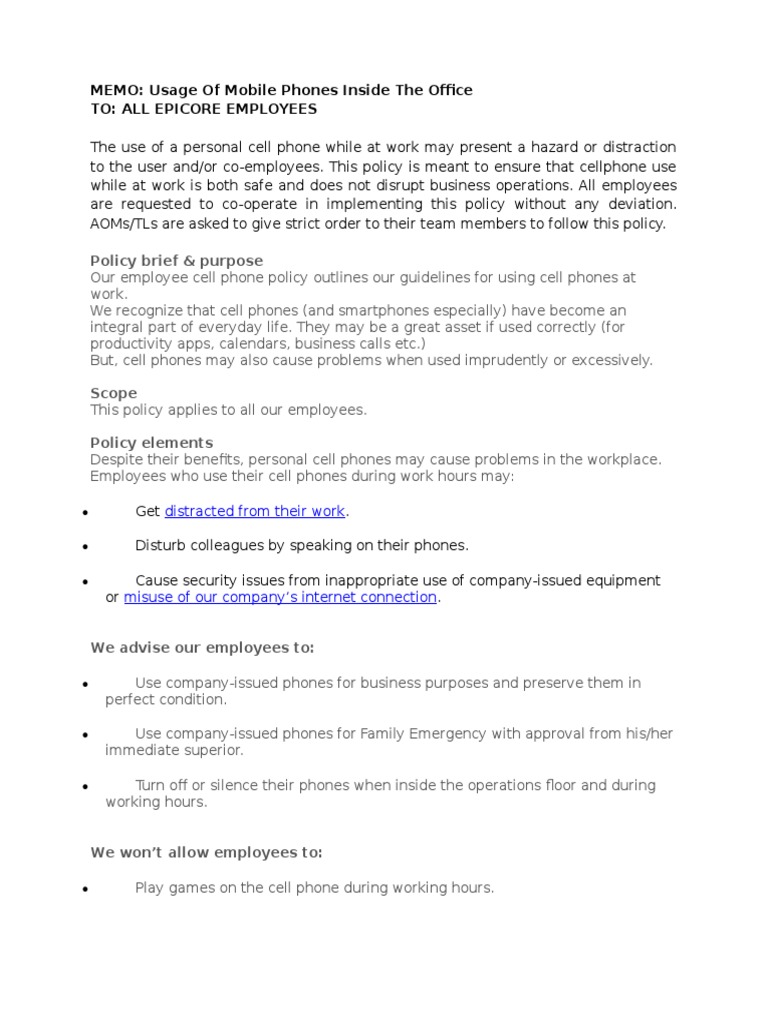 MEMO: Usage of Mobile Phones Inside The Office To: All Epicore ...