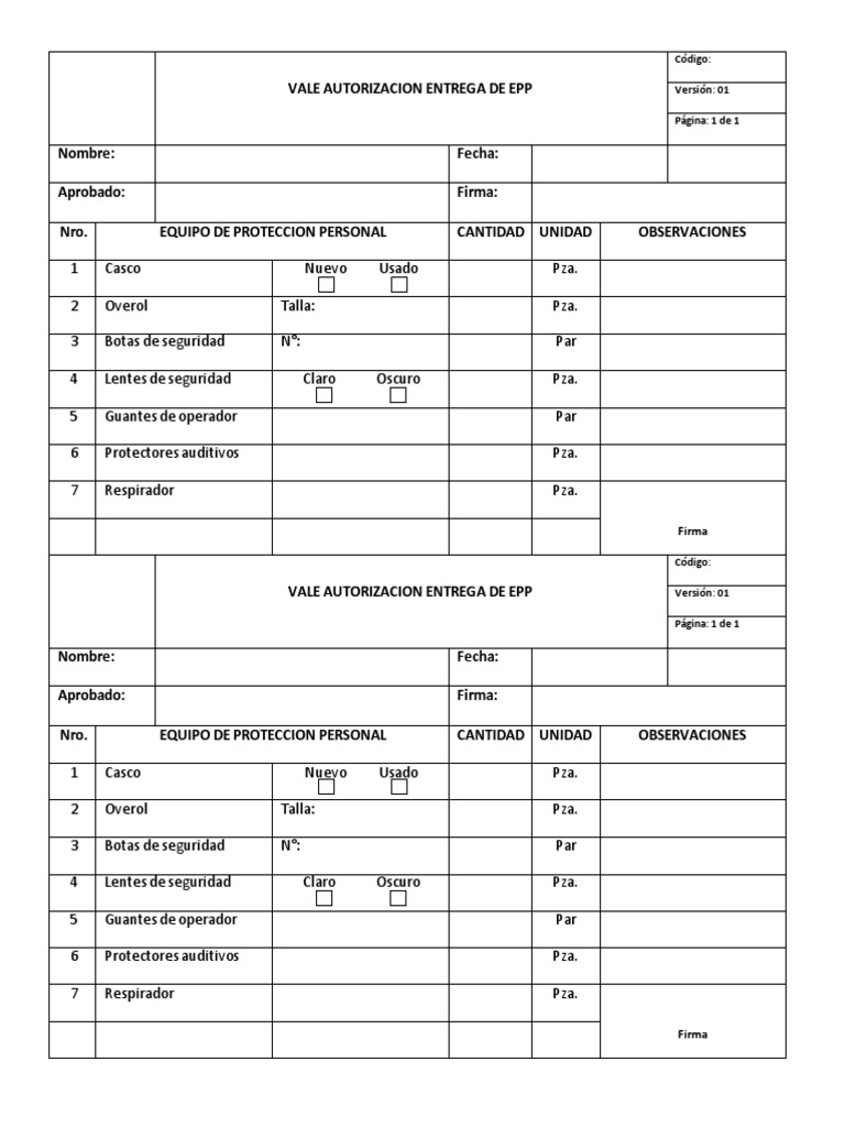 Vale Autorizacion Entrega de Epp PDF | PDF | Equipo deportivo