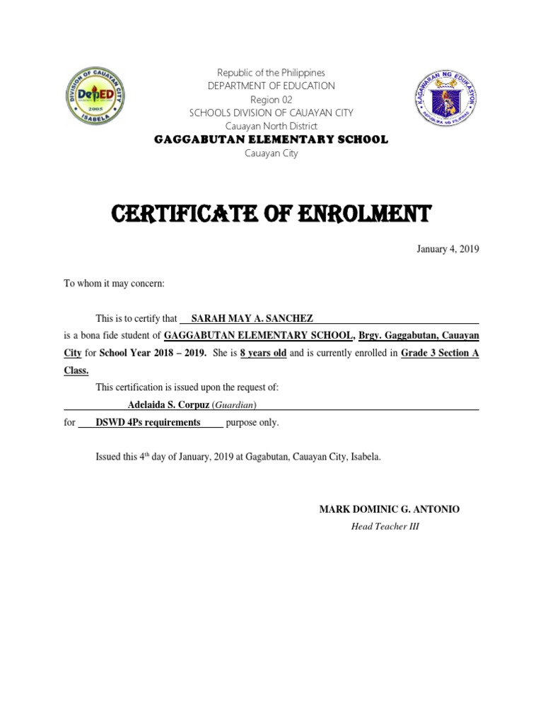 Certificate of Enrolment | PDF | Learning | Behavior Modification