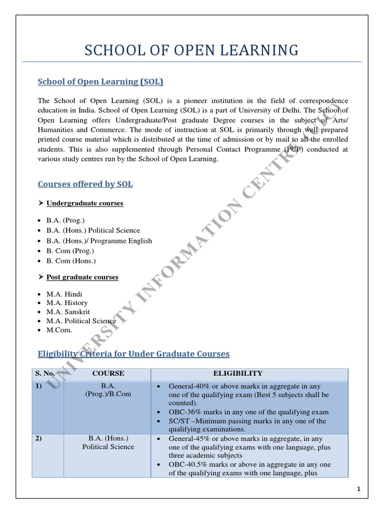 School of Open Learning (SOL) | PDF | Bachelor Of Arts | Bachelor's Degree