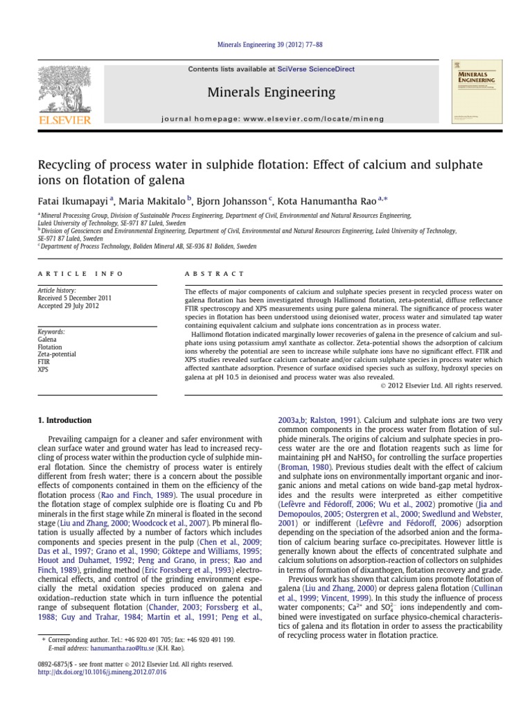 Recycling of Process Water in Sulphide Flotation Effect of Calcium and ...