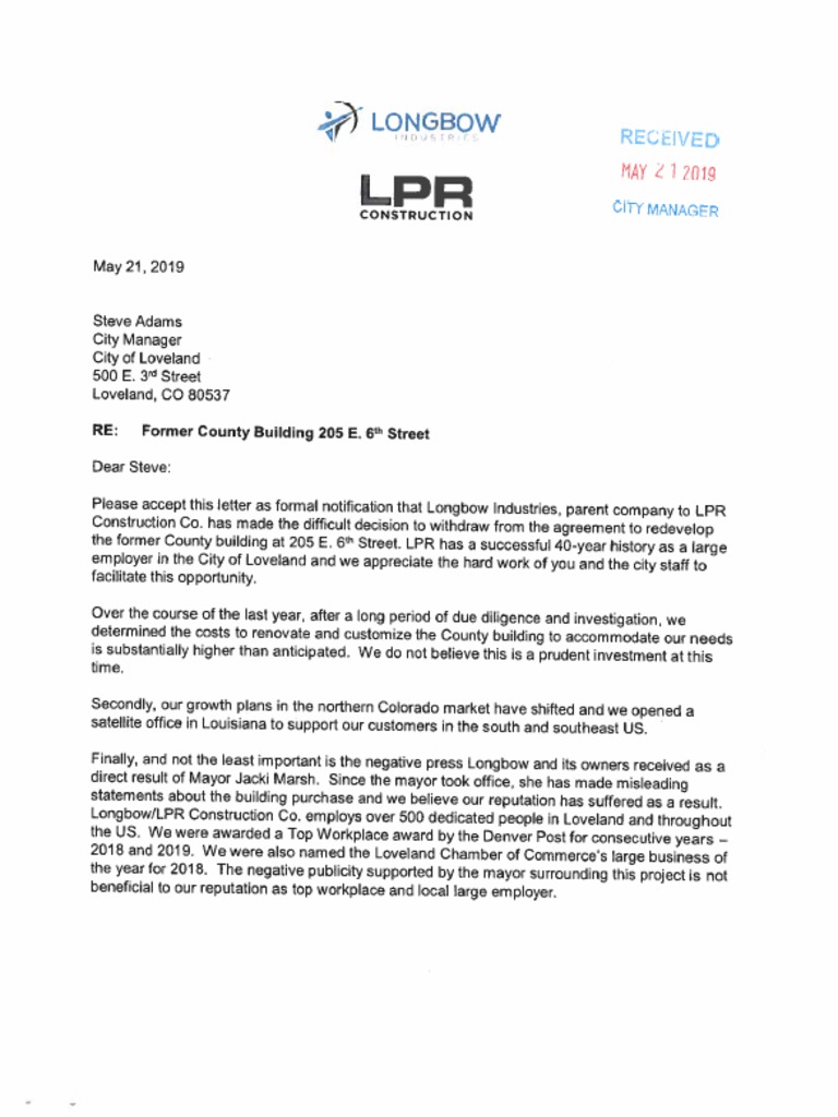 Letter from LPR to City of Loveland