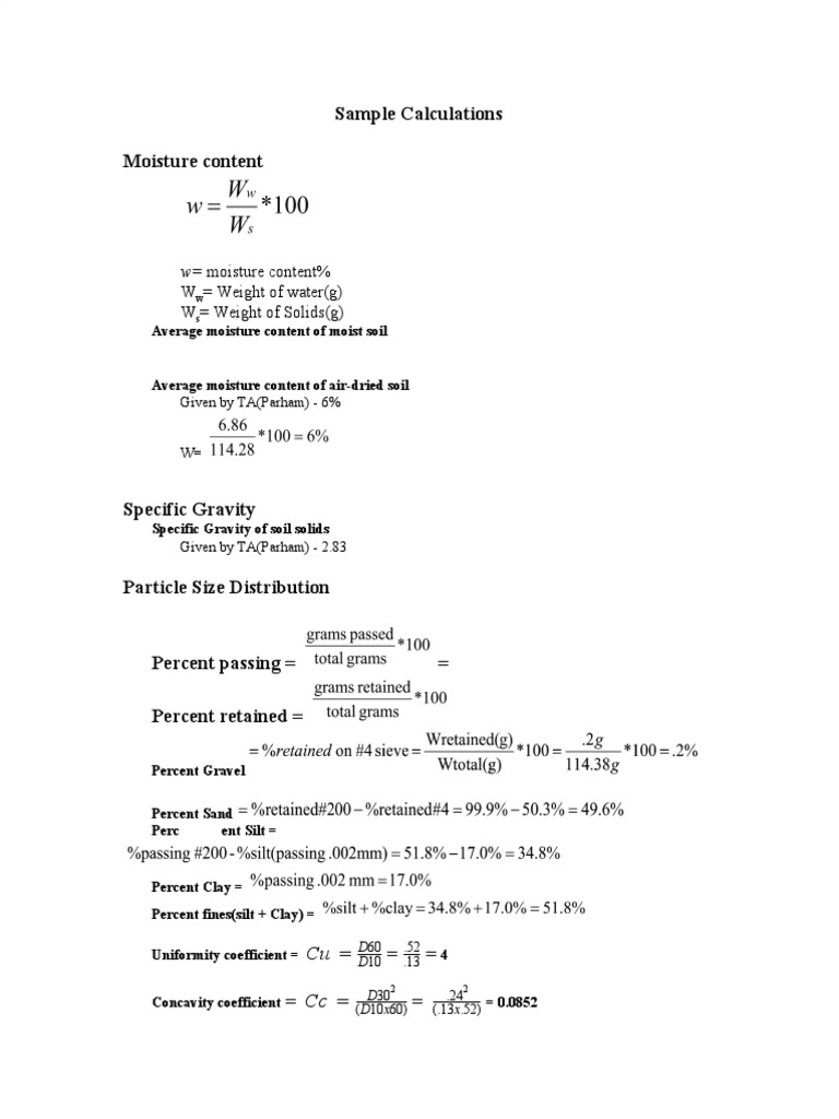 Sample Calculations Moisture Content: Moisture Content% W Weight of ...