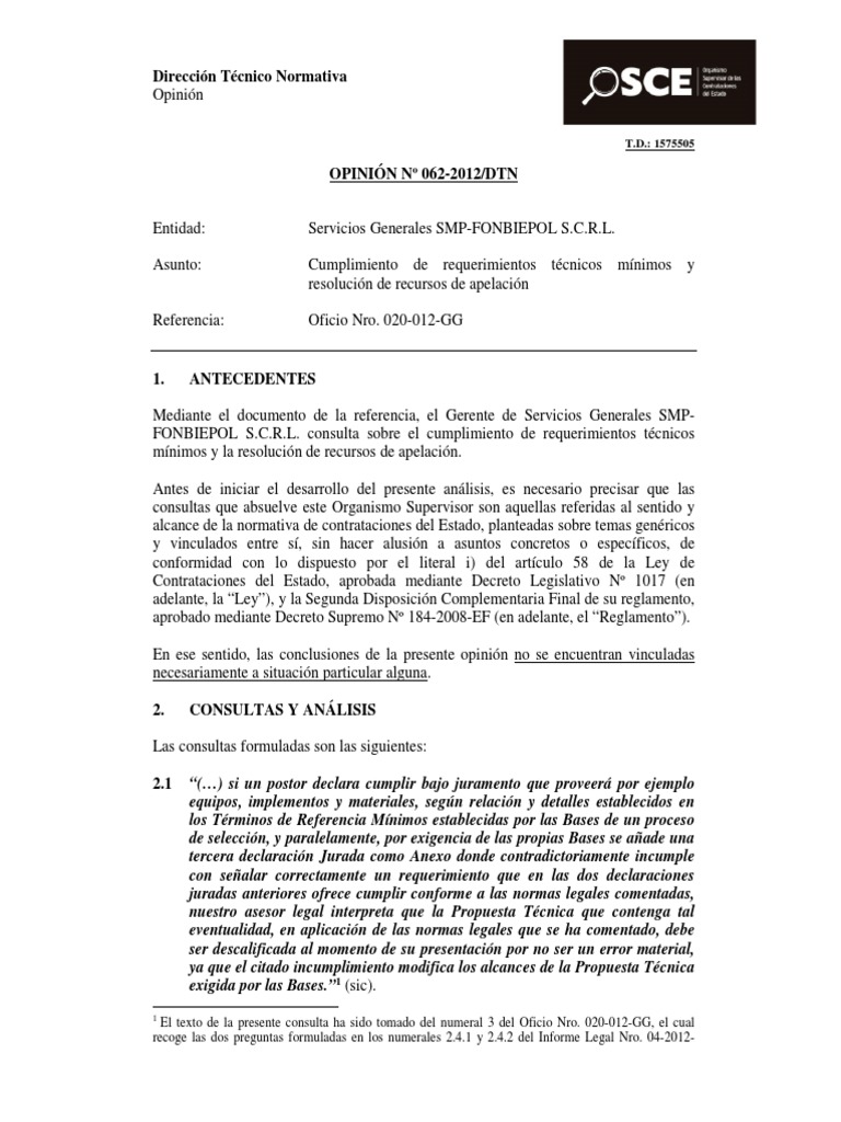 Opinión OSCE 062-12-2012 - Cumplimiento de RTM y apelaciones.pdf | PDF | Regulación ...
