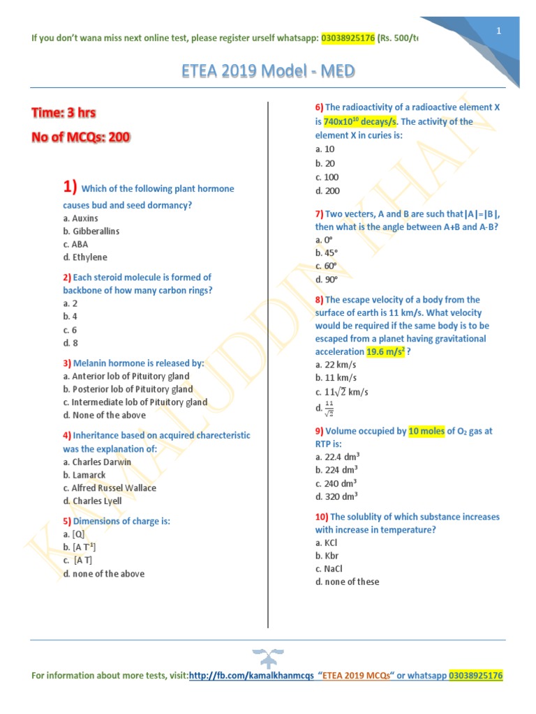 Etea Model Test 2019 - Demo | PDF | Plant Stem | Chemistry