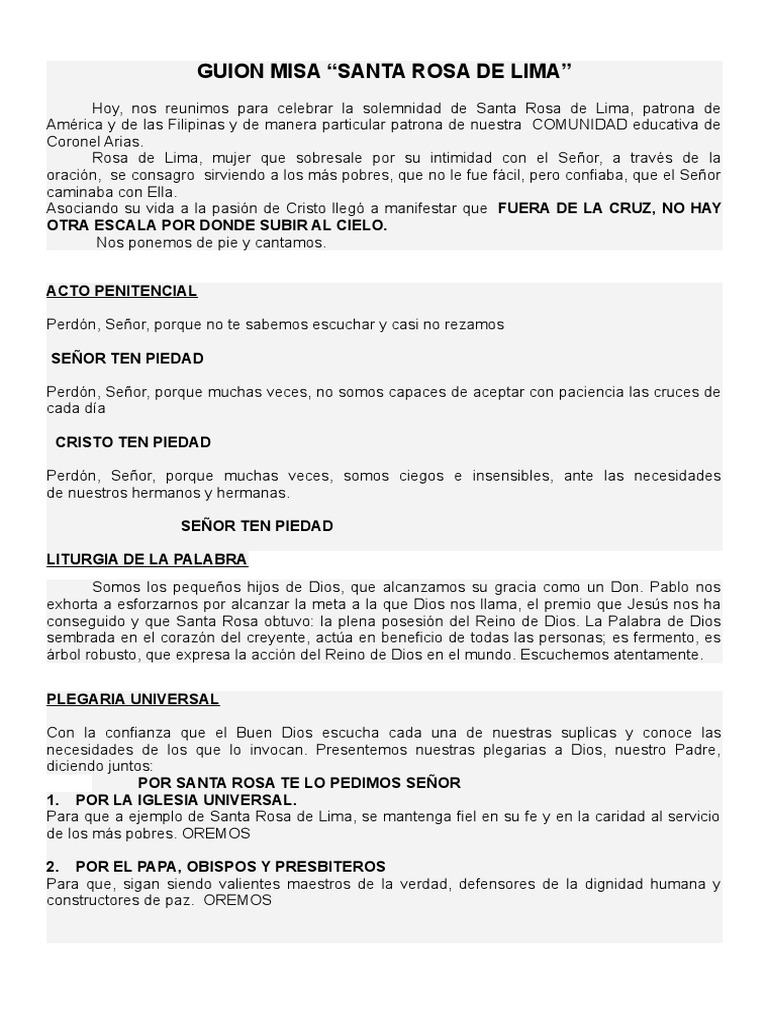 GUION MISA SANTA ROSA.docx | Misa (liturgia) | eucaristía