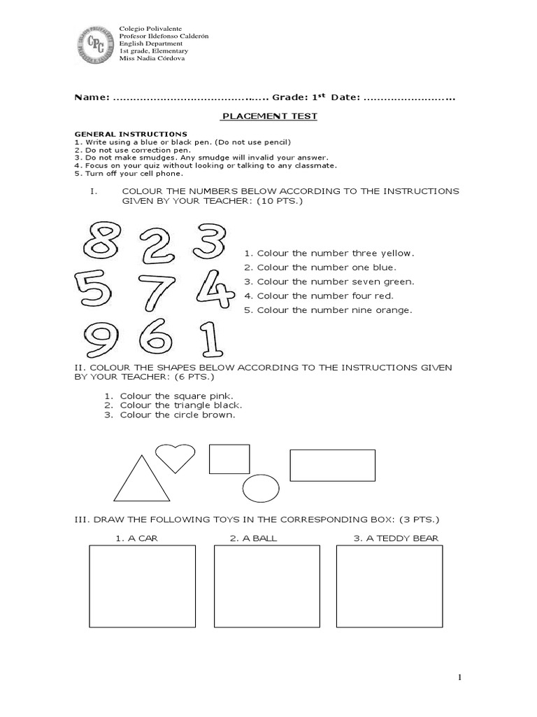 Elementary School English Placement Test for First Grade Students at ...