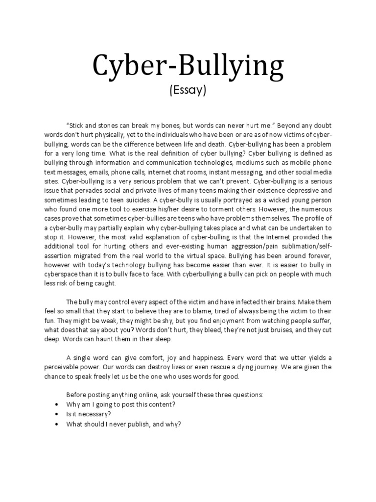 Cyber-Bullying: (Essay) | PDF | Cyberbullying | Bullying