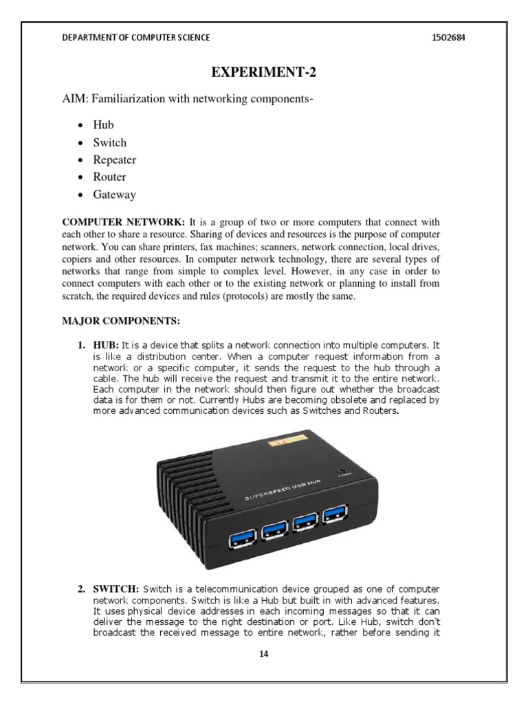 Experiment-2: Aim: Familiarization With Networking Components-Hub Switch Repeater Router Gateway ...
