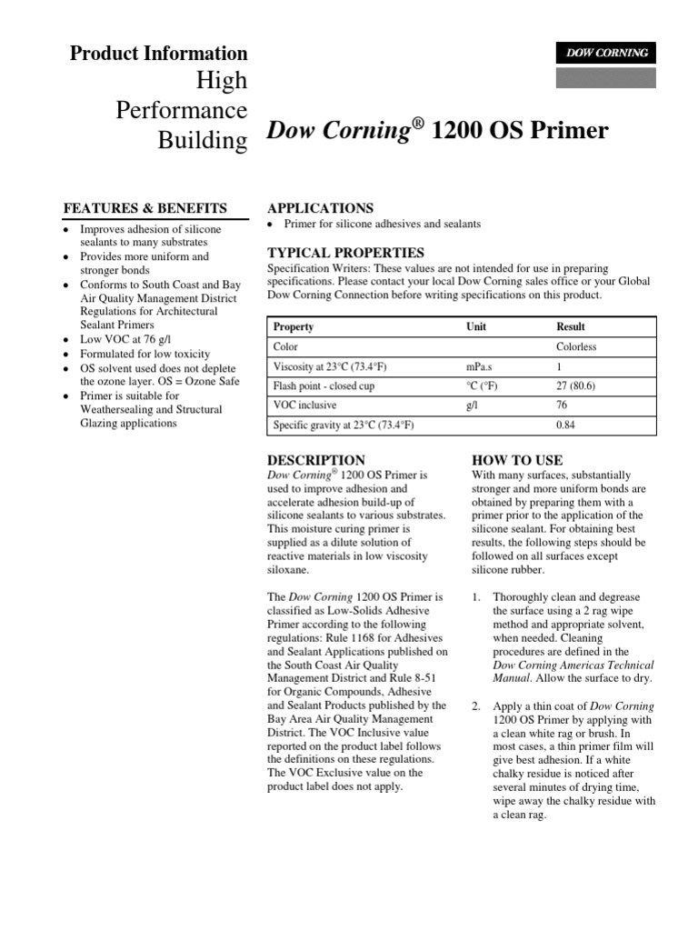 High Performance Building Dow Corning: 1200 OS Primer | PDF | Silicone ...