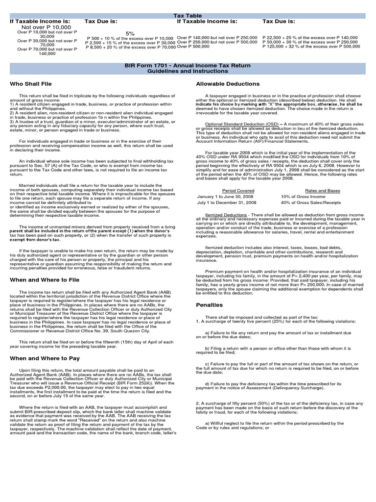 Not Over P 10,000 5%: Tax Table If Taxable Income Is: Tax Due Is: If ...