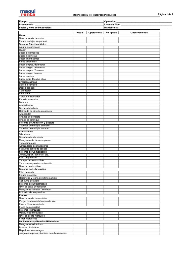 Check List de Equipos Pesados PDF | PDF | Vehículo de motor ... Check List de Equipos Pesados PDF | PDF | Vehículo de motor ...