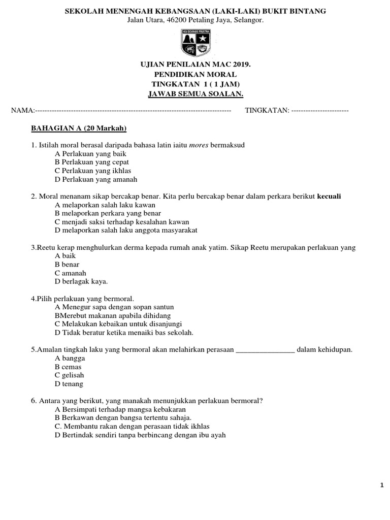 Soalan Moral Form 1 | PDF